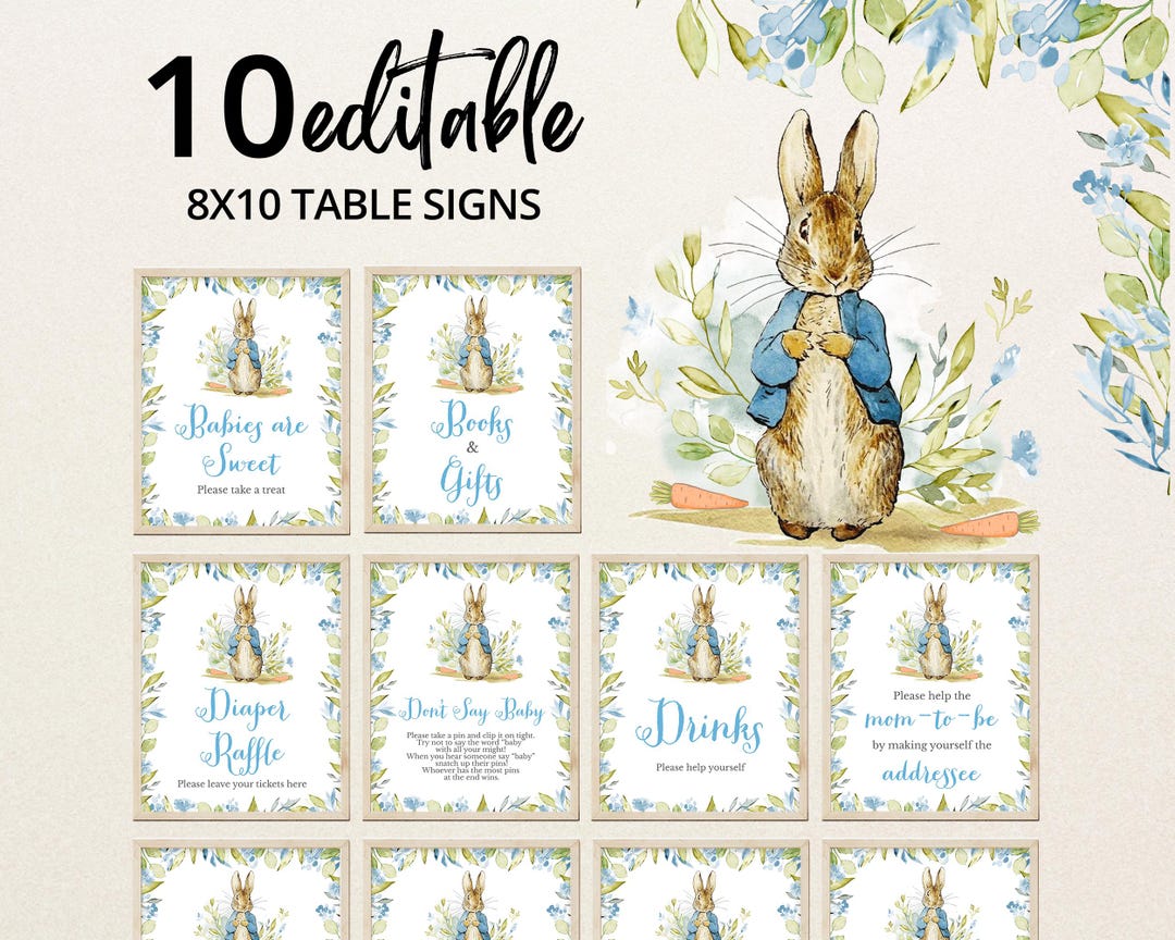 Editable Peter Rabbit Baby Shower Table Sign, Blue Peter Rabbit Babies ...