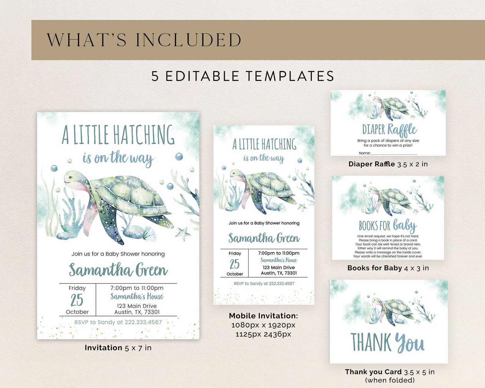 Editable Boy Turtle Baby Shower Invitation Bundle, Little Hatching Baby ...