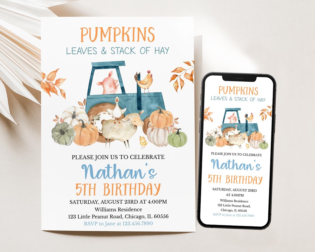 Editable Farm Animals Fall Birthday Invitation, Pumpkins Leaves and ...