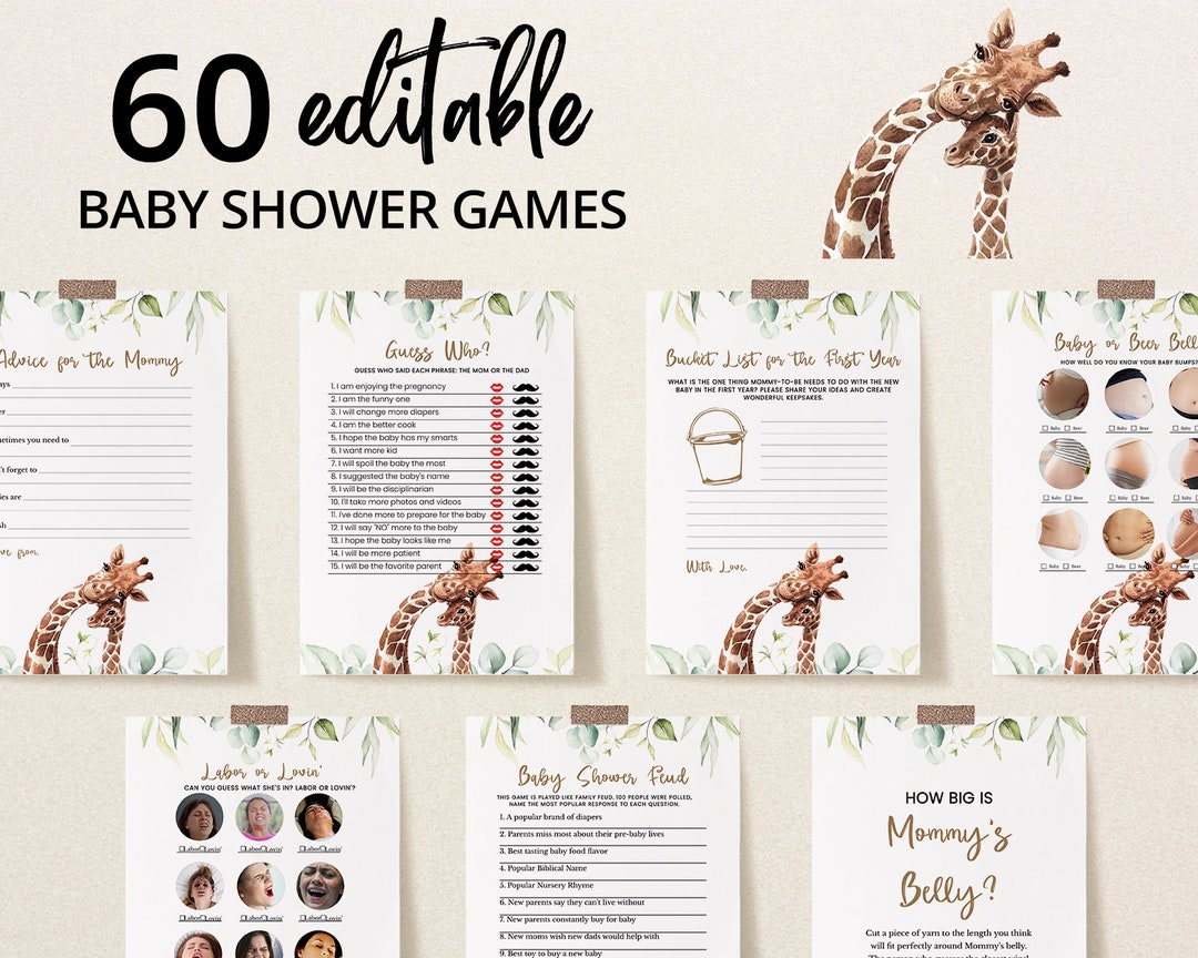 Editable Giraffe Baby Shower Game Bundle Greenery Giraffe - Etsy