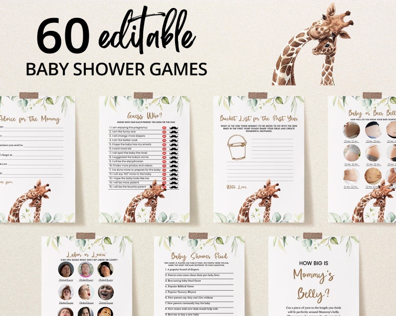 Editable Giraffe Baby Shower Game Bundle Greenery Giraffe - Etsy