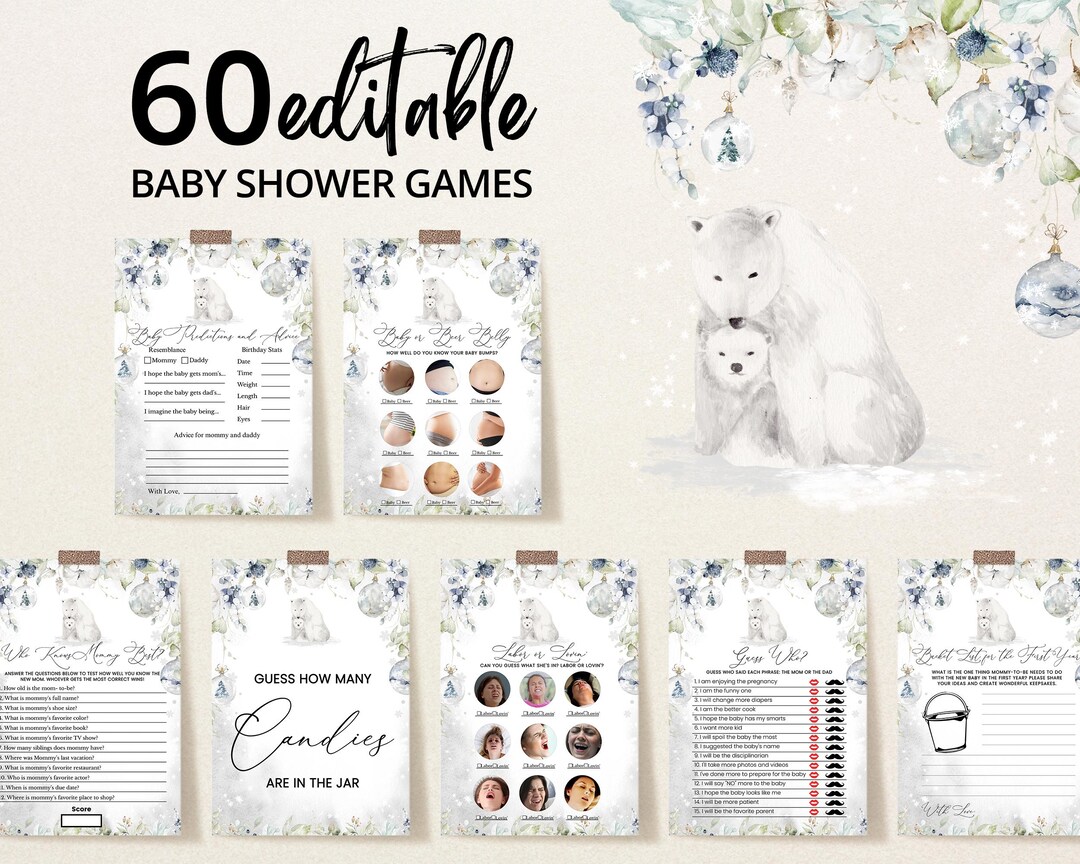Editable Winter Polar Bear Baby Shower Game Bundle, Greenery Winter ...