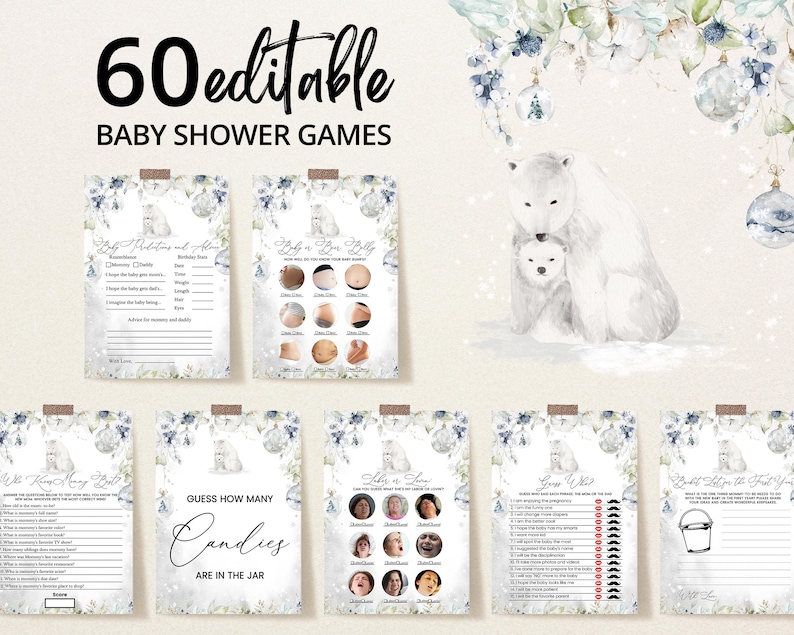 Editable Winter Polar Bear Baby Shower Game Bundle, Greenery Winter ...