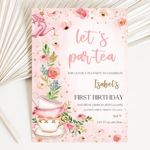 Editable Let's Par-tea Garden Tea Party Birthday Invitation, Floral Tea ...