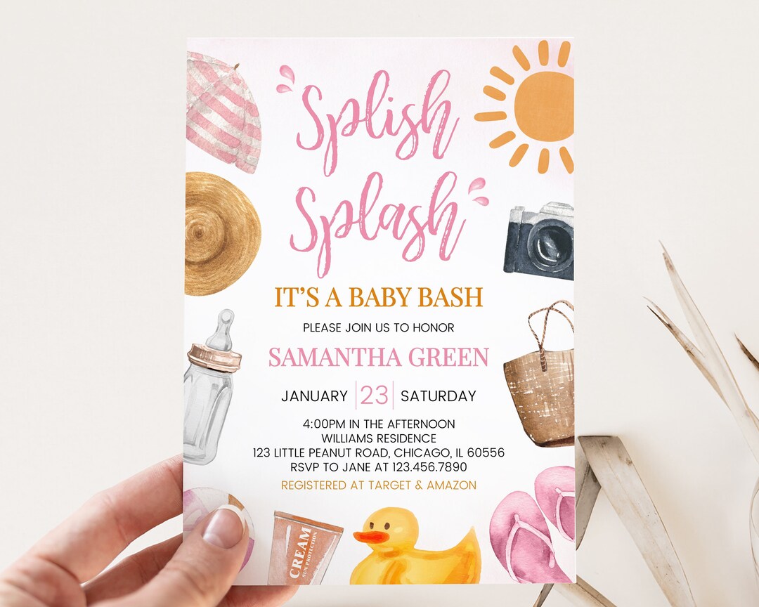Editable Splish Splash Baby Bash Girl Baby Shower Invitation, Girl ...