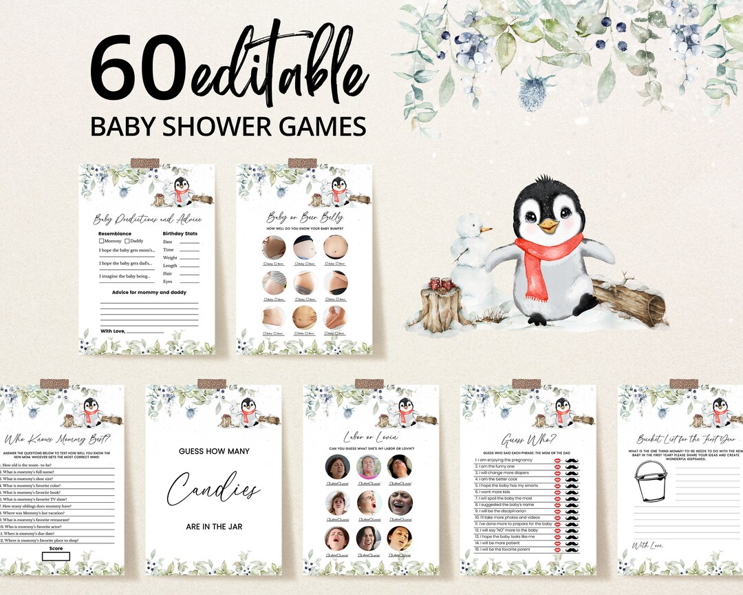Editable Winter Penguin Baby Shower Game Bundle, Gender Neutral Penguin ...