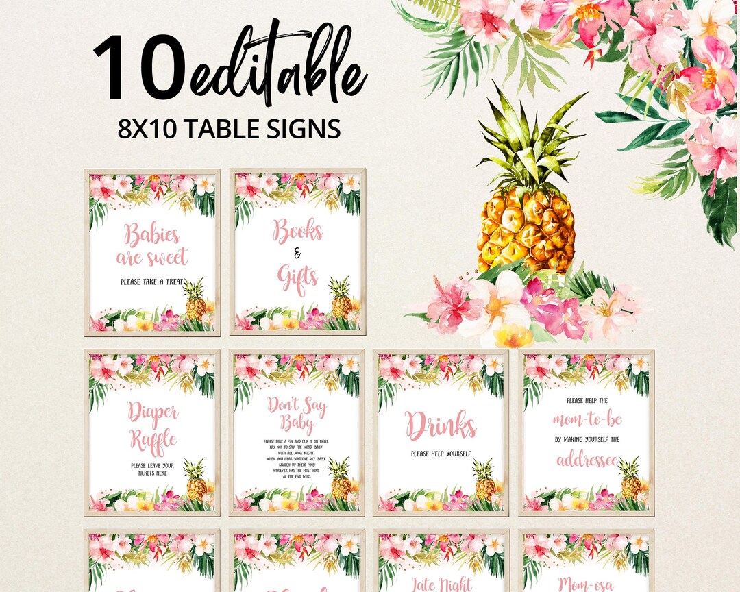 Editable Girl Pineapple Baby Shower Table Sign, Tropical Pineapple ...