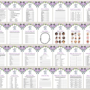 Editable Purple Elephant Baby Shower Game Bundle, Girl Elephant Baby ...