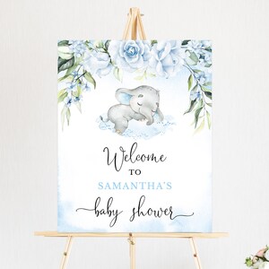 Editable Blue Boy Elephant Baby Shower Welcome Sign, Blue Floral ...