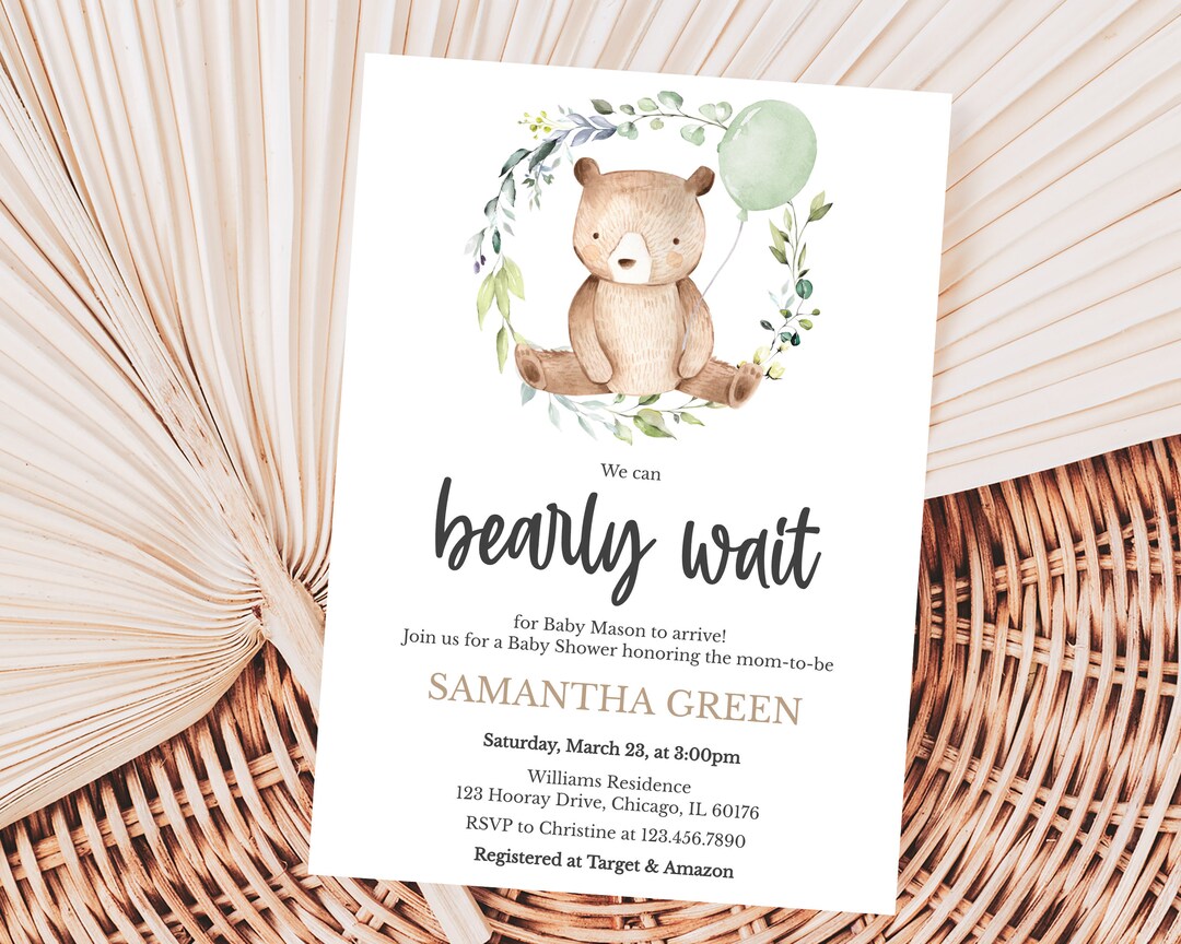 Editable We Can Bearly Wait Baby Shower Invitation, Greenery Bear Baby ...