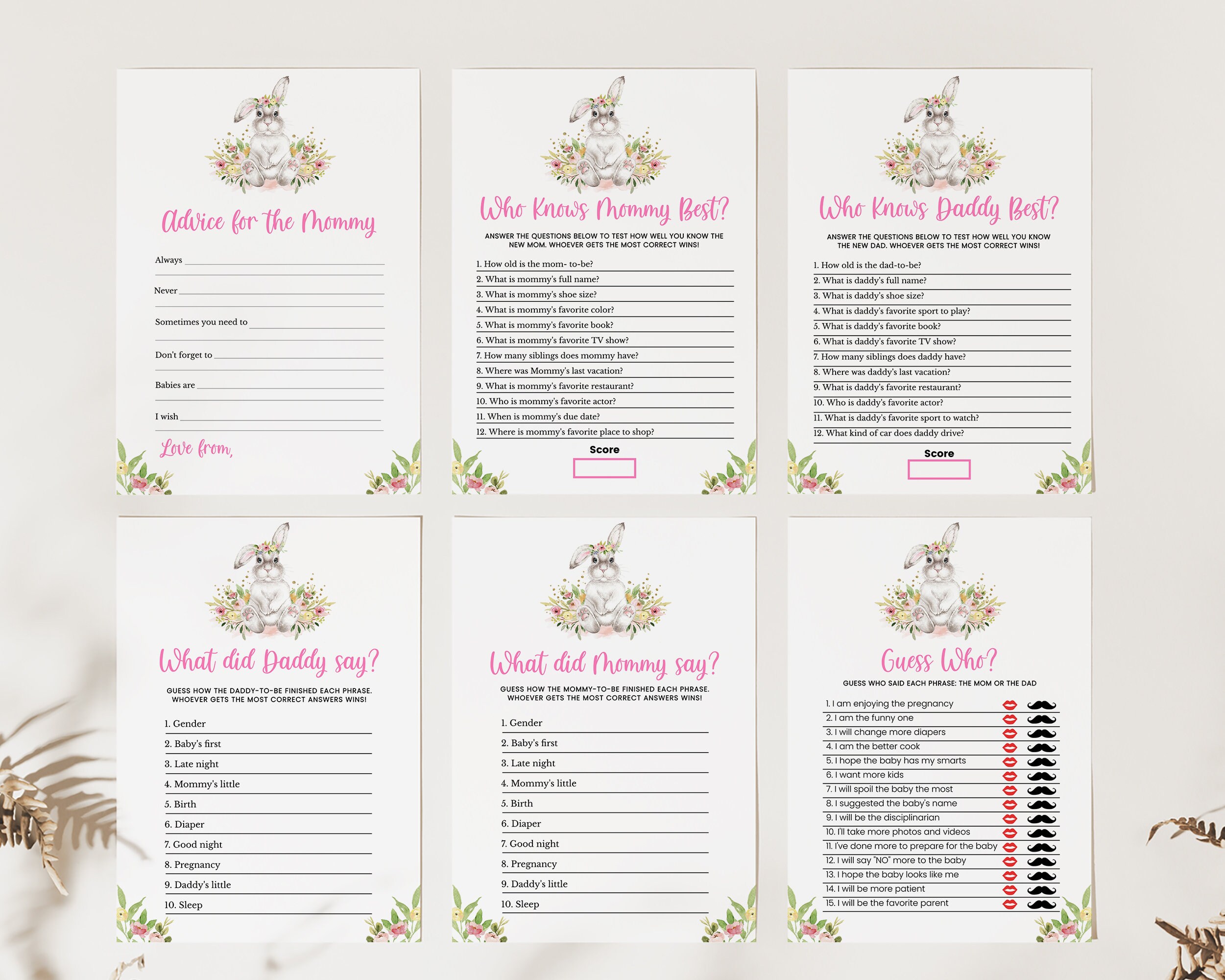 Editable Floral Rabbit Baby Shower Game Bundle, Pink Rabbit Baby Shower ...