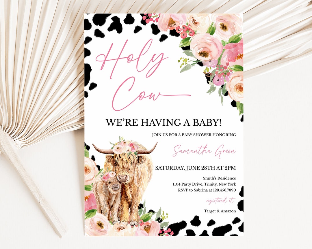 Editable Holy Cow Baby Shower Invitation, Girl Highland Cow Baby Shower ...