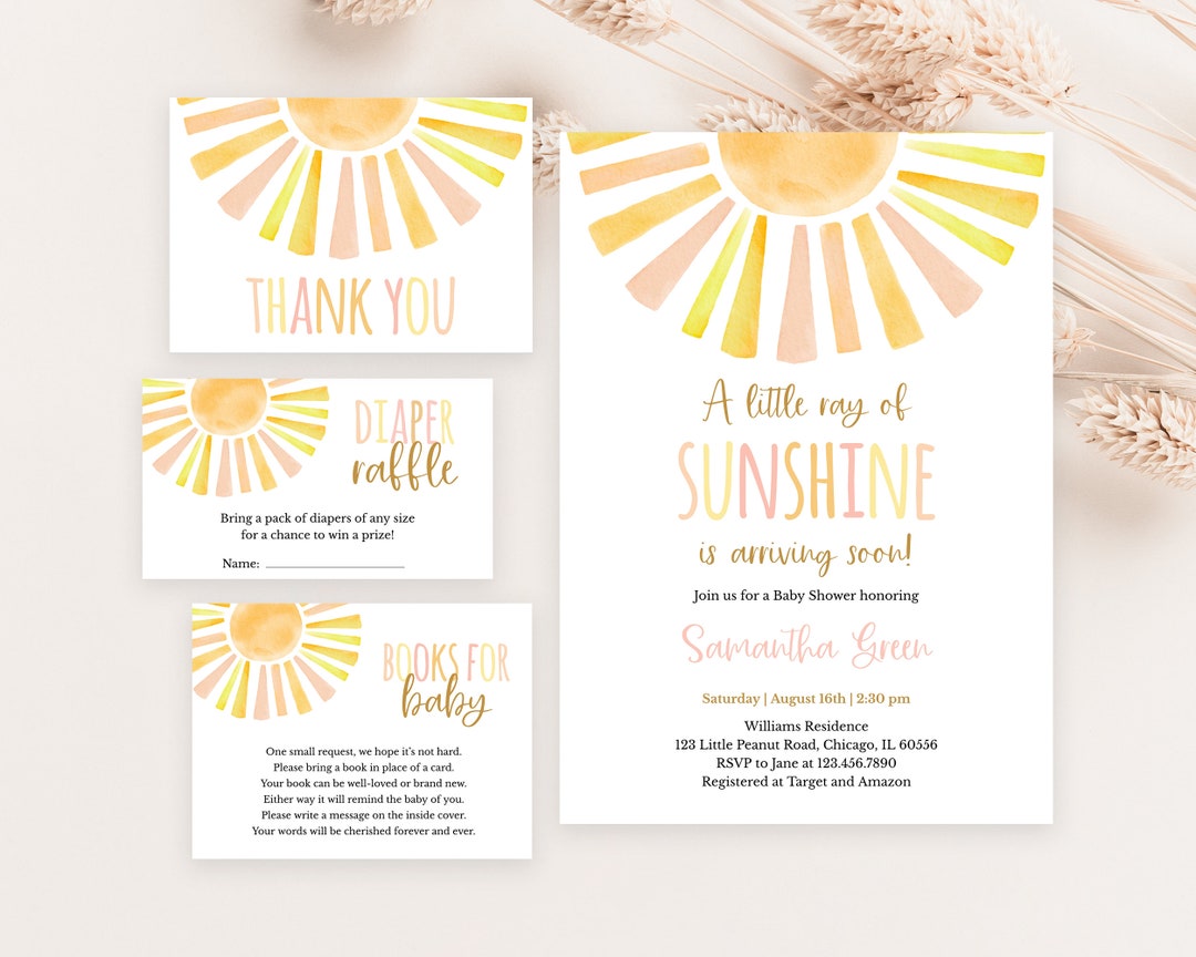 Editable Sunshine Baby Shower Invitation Set, A Little Ray of Sunshine ...