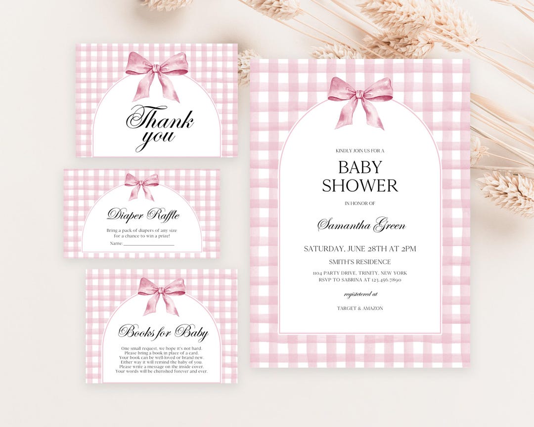 Editable Pink Baby Shower Invitation Bundle, Pink Bow Girl Baby Shower ...