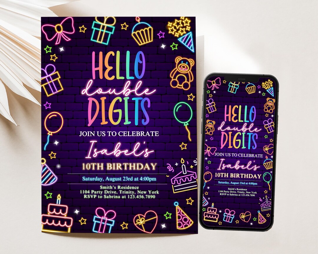 Editable Hello Double Digits Birthday Invitation, Neon Lights Double ...