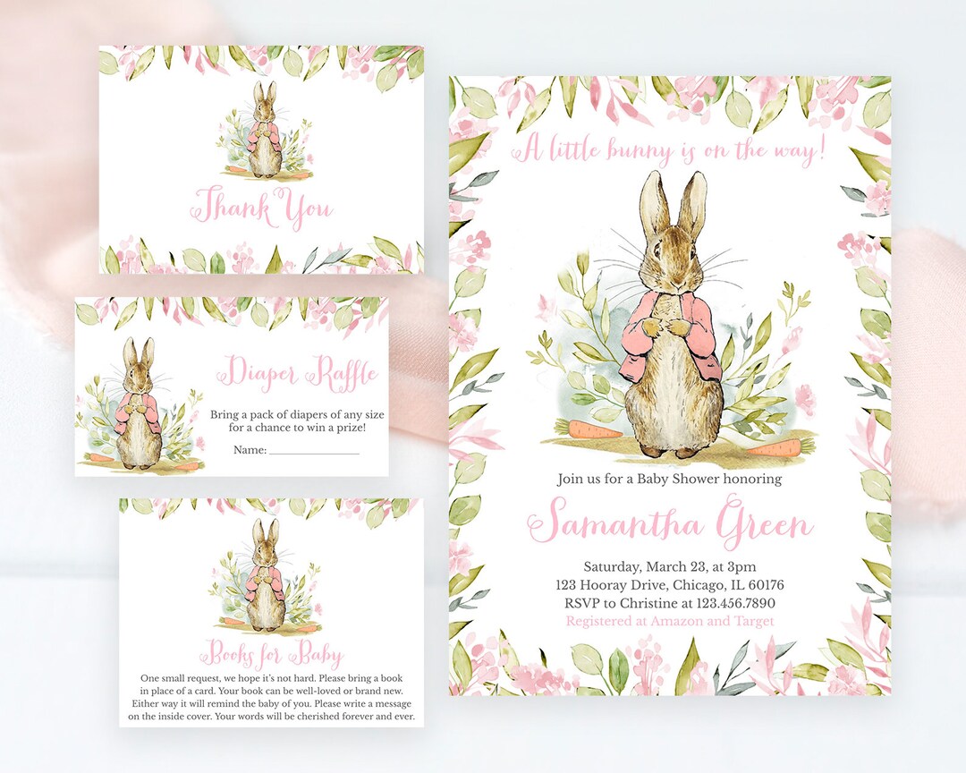 Editable Peter Rabbit Baby Shower Invitation Bundle Pink - Etsy