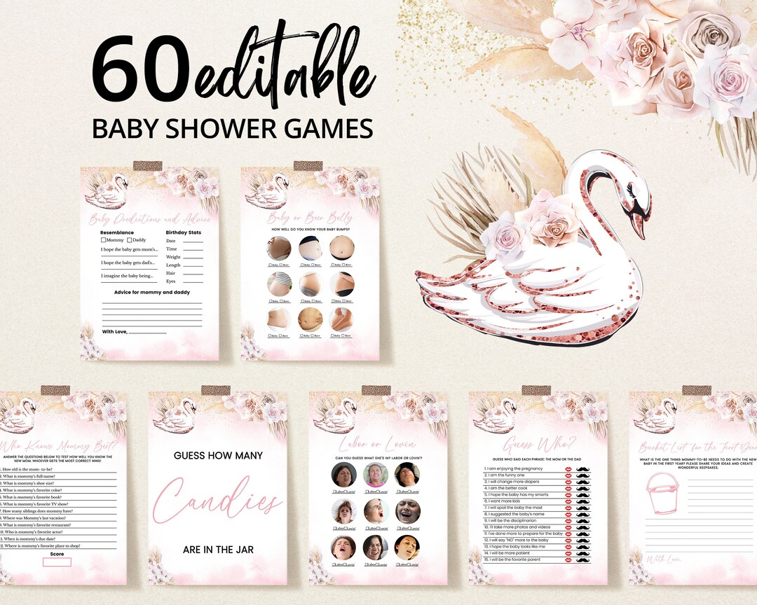 Editable Boho Pink Swan Baby Shower Game Bundle, Oh Baby Swan Baby ...