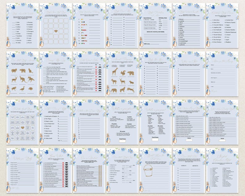 Editable Little Bunny Baby Shower Game Bundle, Blue Floral Peter Rabbit ...