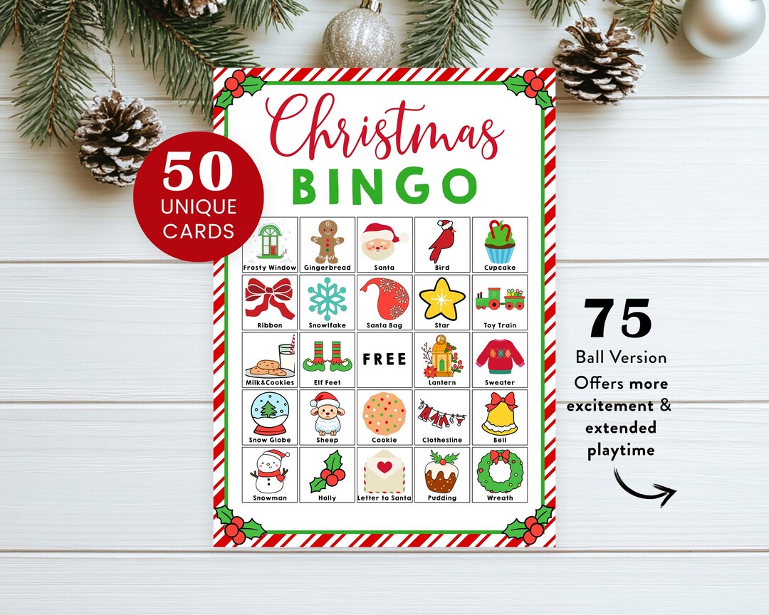 50 Christmas Bingo Cards, Classic Christmas Games, Kids Christmas Bingo ...
