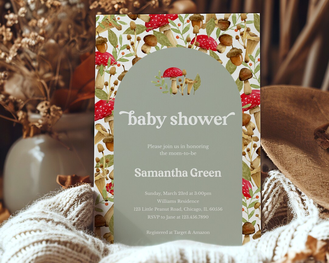 Editable Cottagecore Mushroom Baby Shower Invitation, Woodland Baby ...