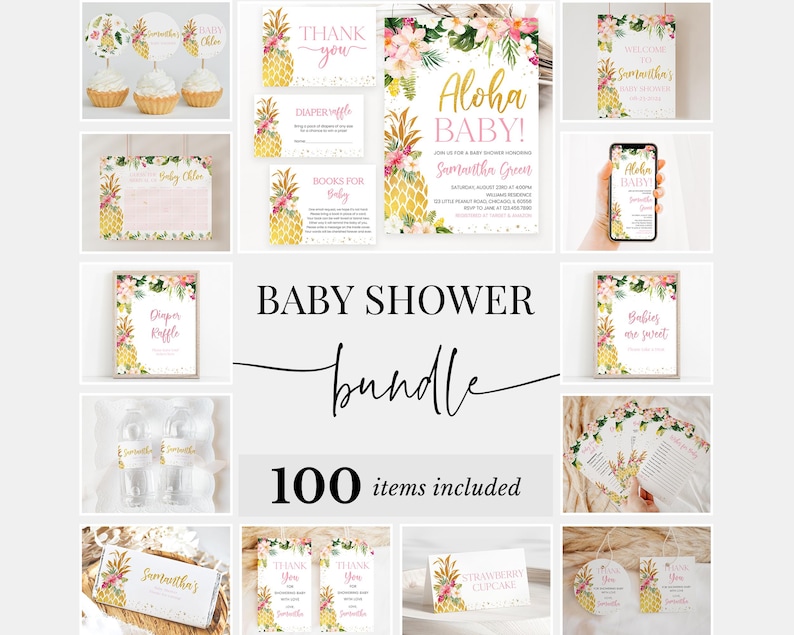 Editable Floral Pink Pineapple Baby Shower Bundle, Tropical Pineapple ...