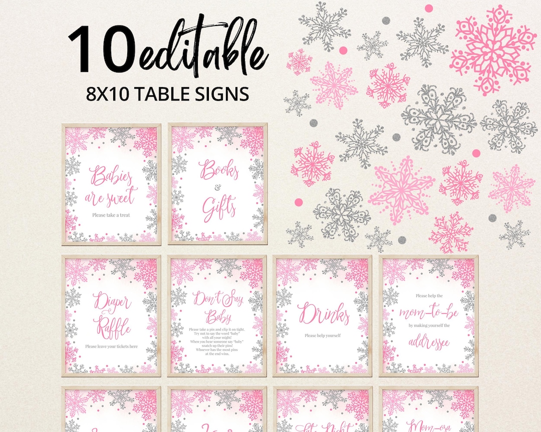 Editable Pink A Little Snowflake Baby Shower Table Sign, Girl Winter ...