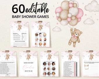 EDITABLE Pink Teddy Bear Baby Shower Games, Pink Bear Hot Air Balloon ...