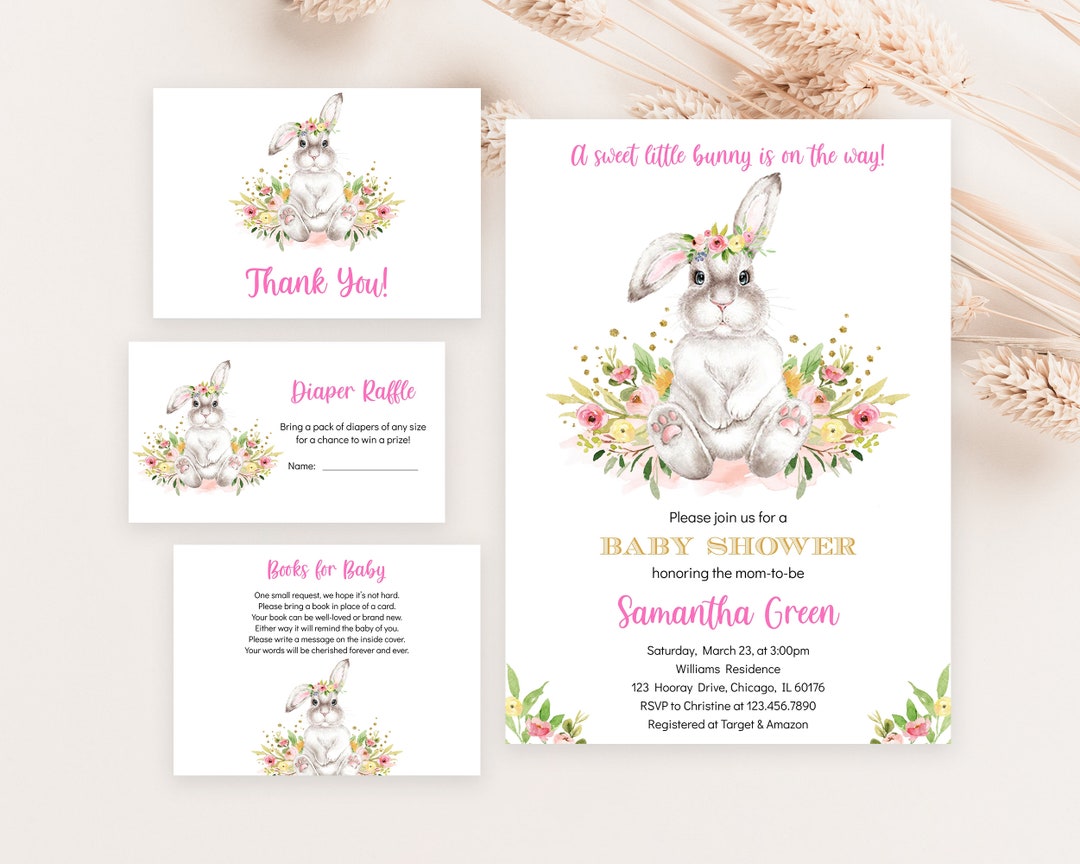 Editable Floral Rabbit Baby Shower Invitation Bundle, Pink Rabbit Baby ...