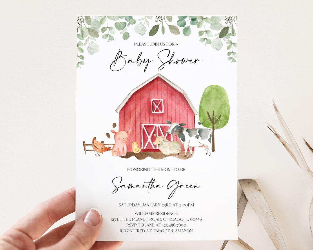 Editable Boy Farm Baby Shower Invitation, Greenery Farm Baby Shower ...