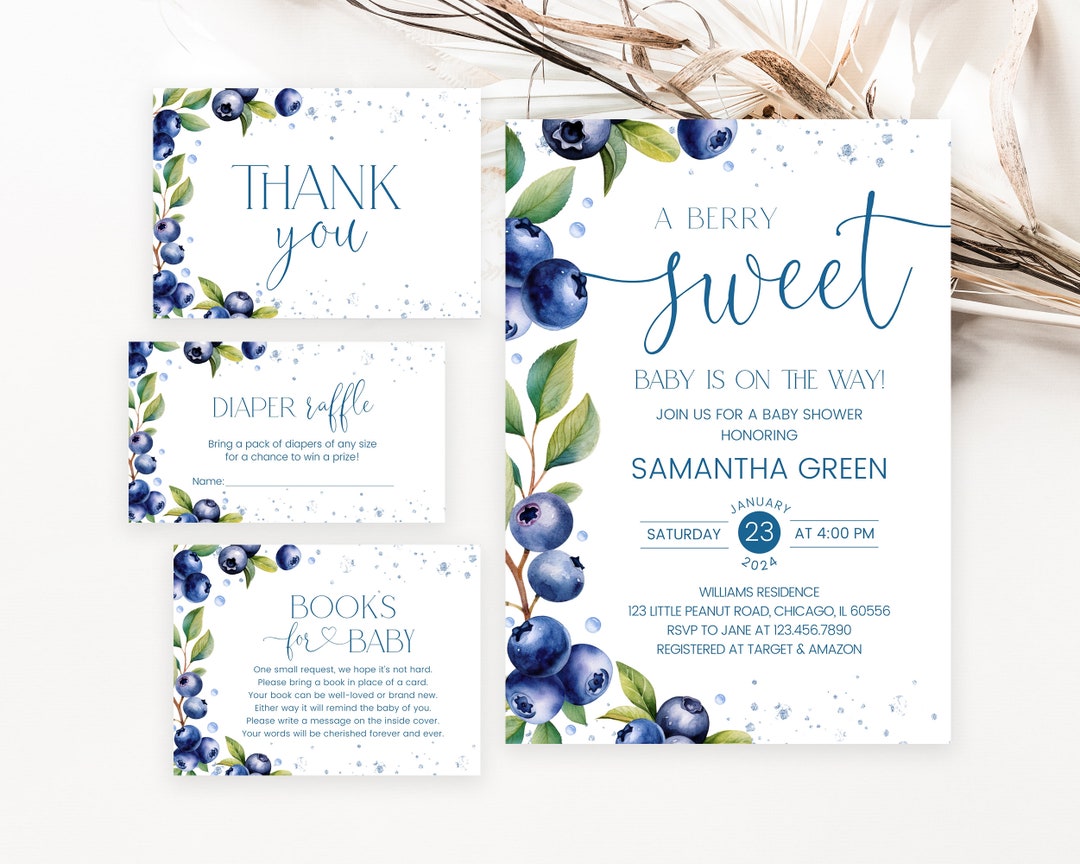 Editable Blueberry Baby Shower Invitation Bundle, Berry Sweet Blueberry ...