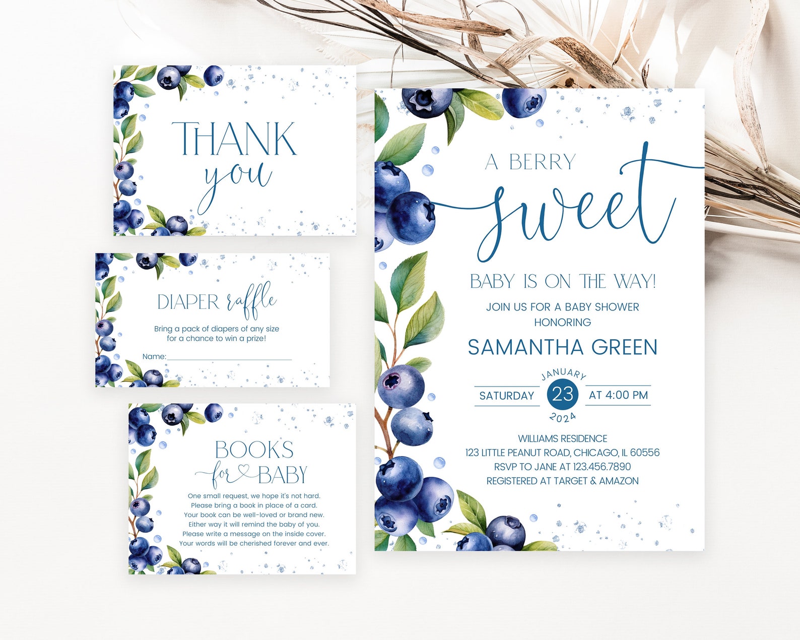 Editable Blueberry Baby Shower Invitation Bundle, Berry Sweet Blueberry ...