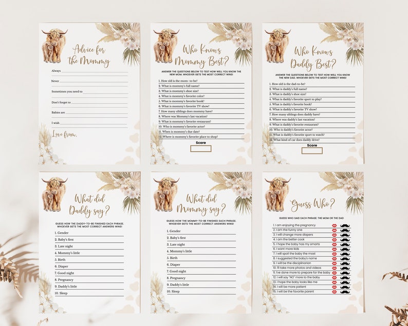 Editable Holy Cow Baby Shower Game Bundle, Gender Neutral Highland Cow ...