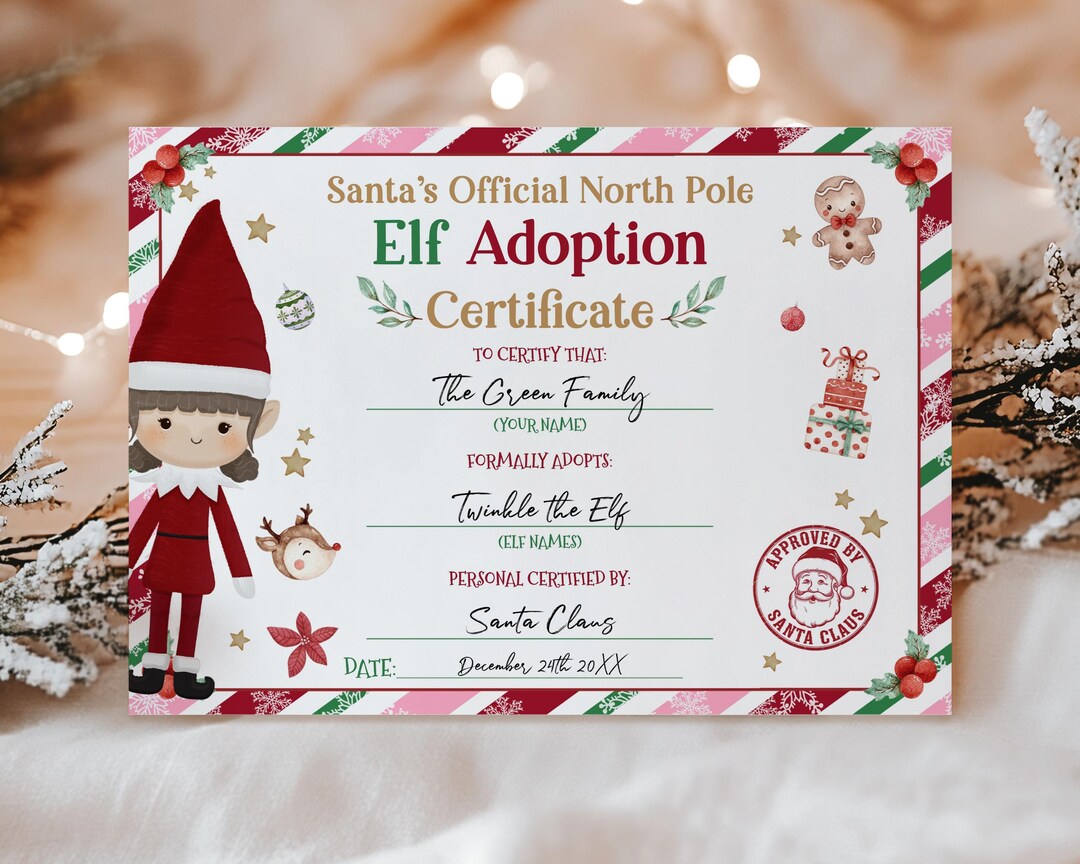 Editable Girl Elf Adoption Certificate, Printable Adopt an Elf, Girl ...