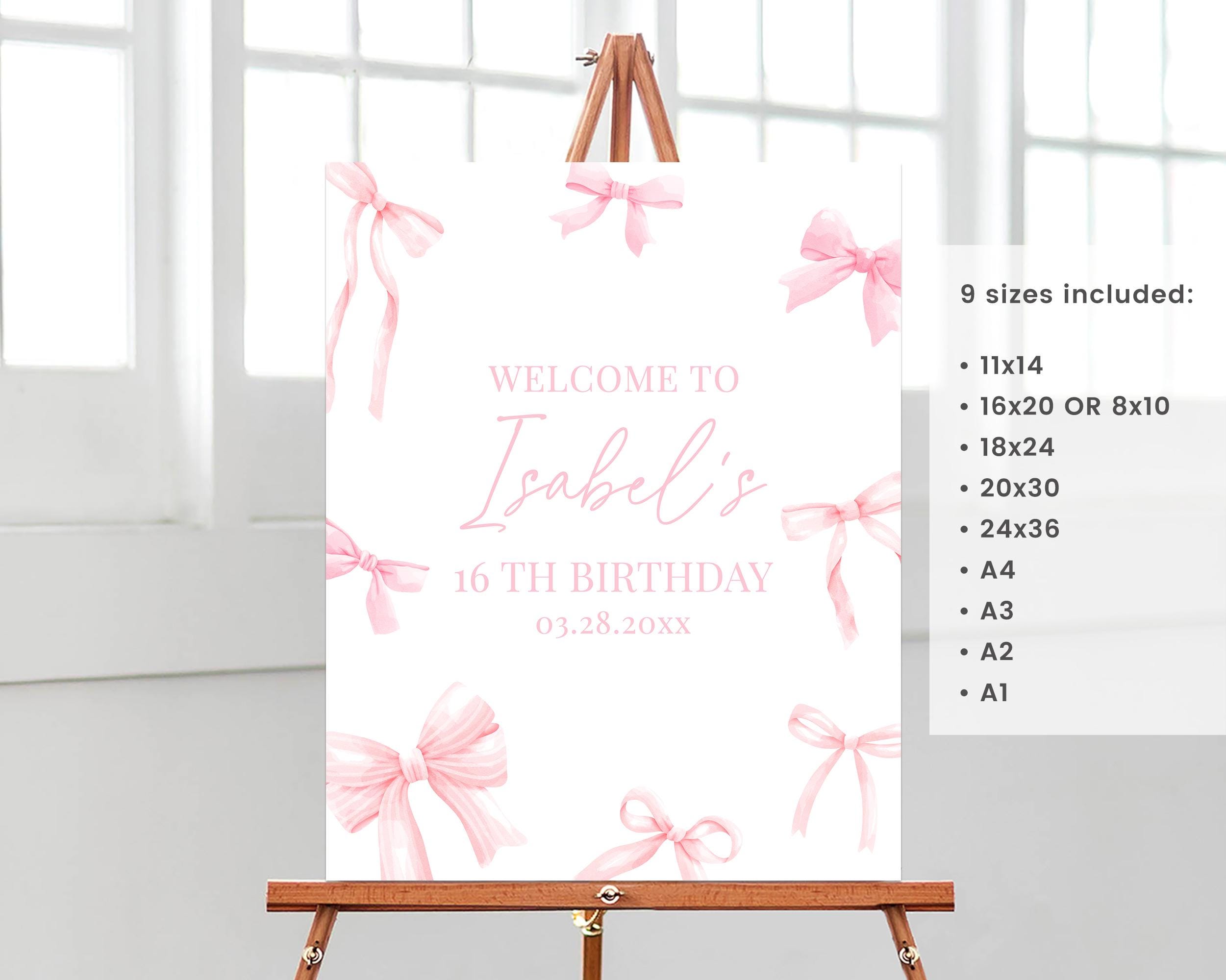 Editable Pink Bow Birthday Welcome Sign, Pink Bow Girl Birthday Poster ...