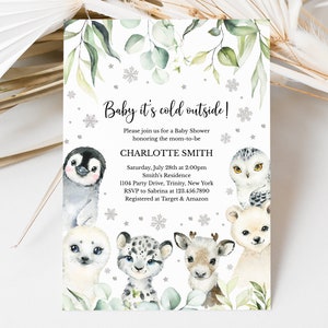 Editable Winter Arctic Animals Baby Shower Invitation Bundle, Greenery ...