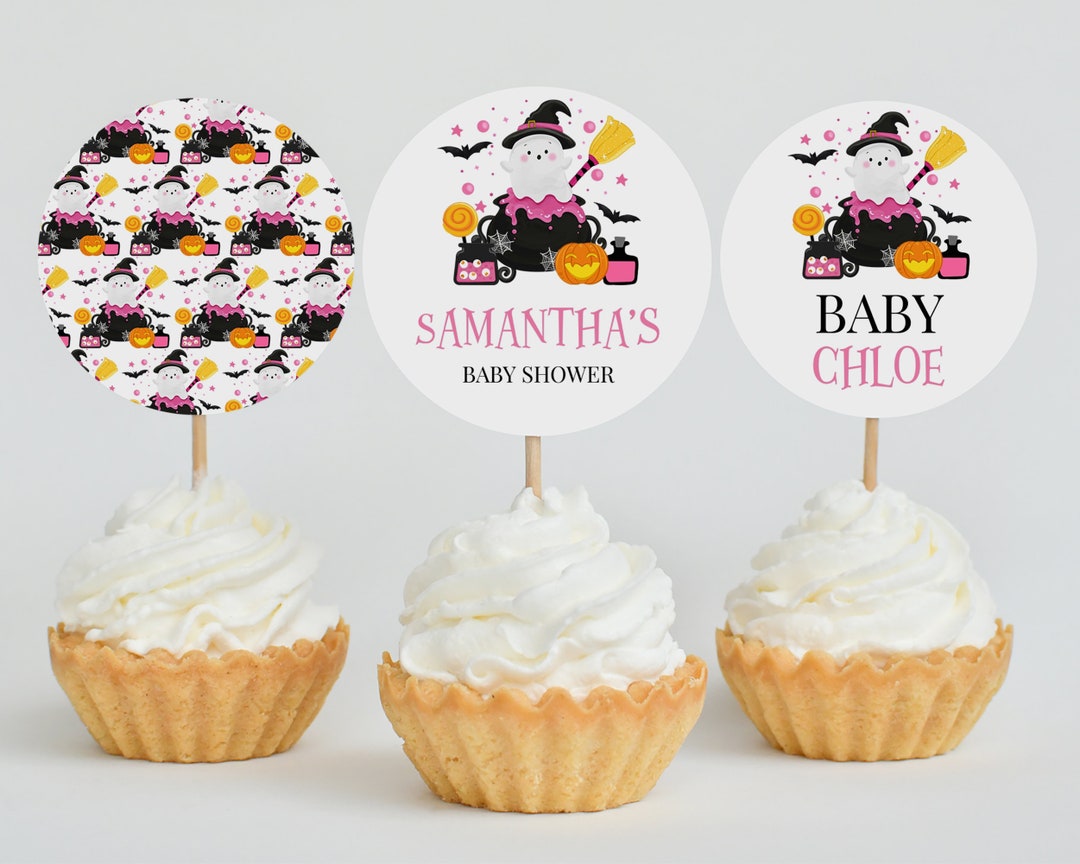 Editable A Baby is Brewing Pink Halloween Baby Shower Cupcake Topper ...