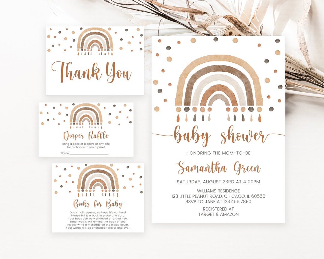 Editable Boho Rainbow Baby Shower Invitation Bundle, Rustic Rainbow ...