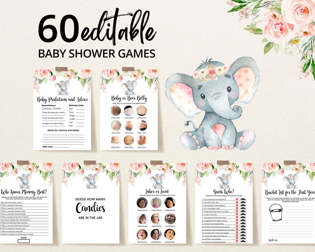 Editable Girl Elephant Baby Shower Games Bundle, Floral Elephant Baby ...