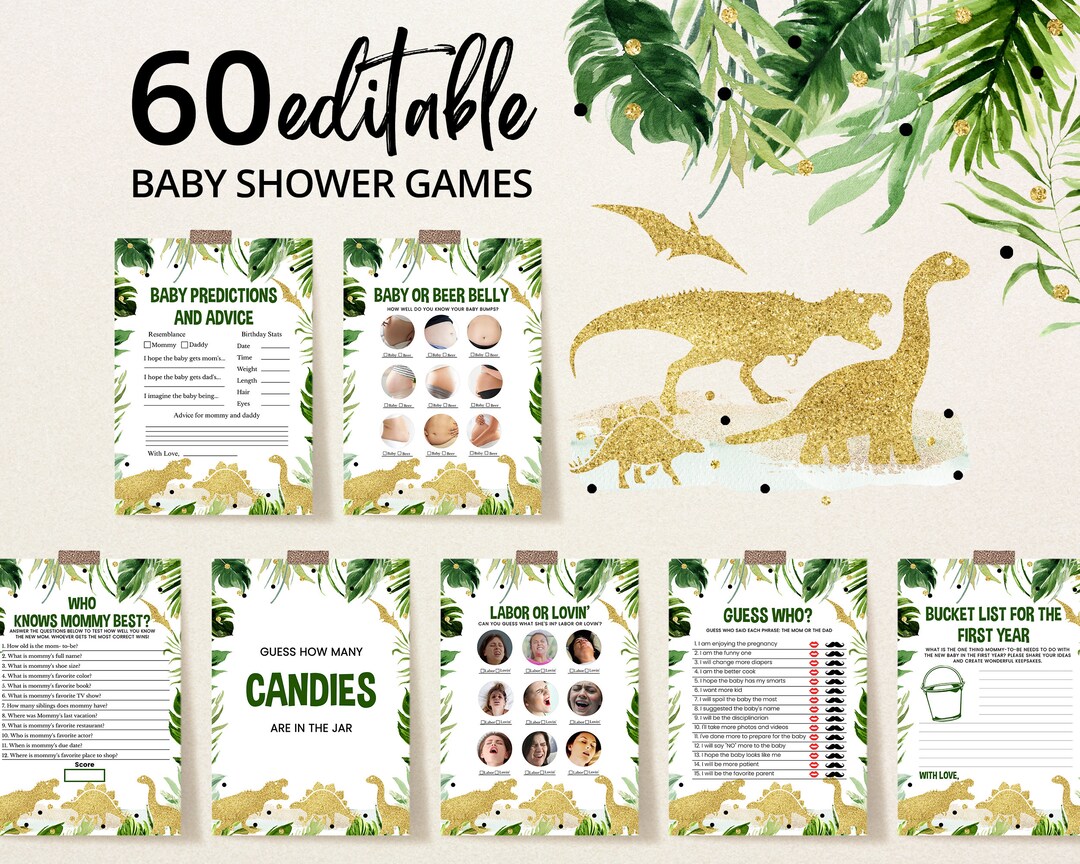 Editable Dinosaur Baby Shower Game Bundle, Greenery Gold Dinosaur Baby ...