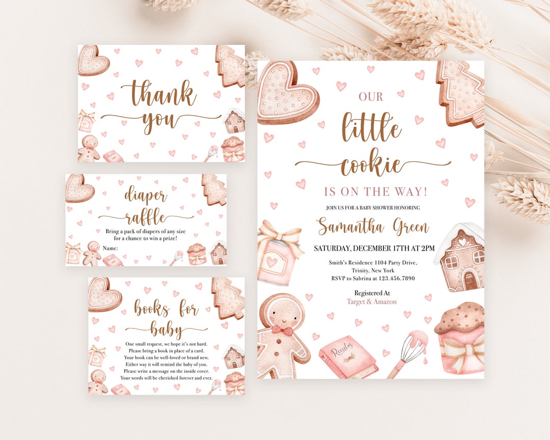 Editable Pink A Little Cookie Baby Shower Invitation Bundle, Pink ...