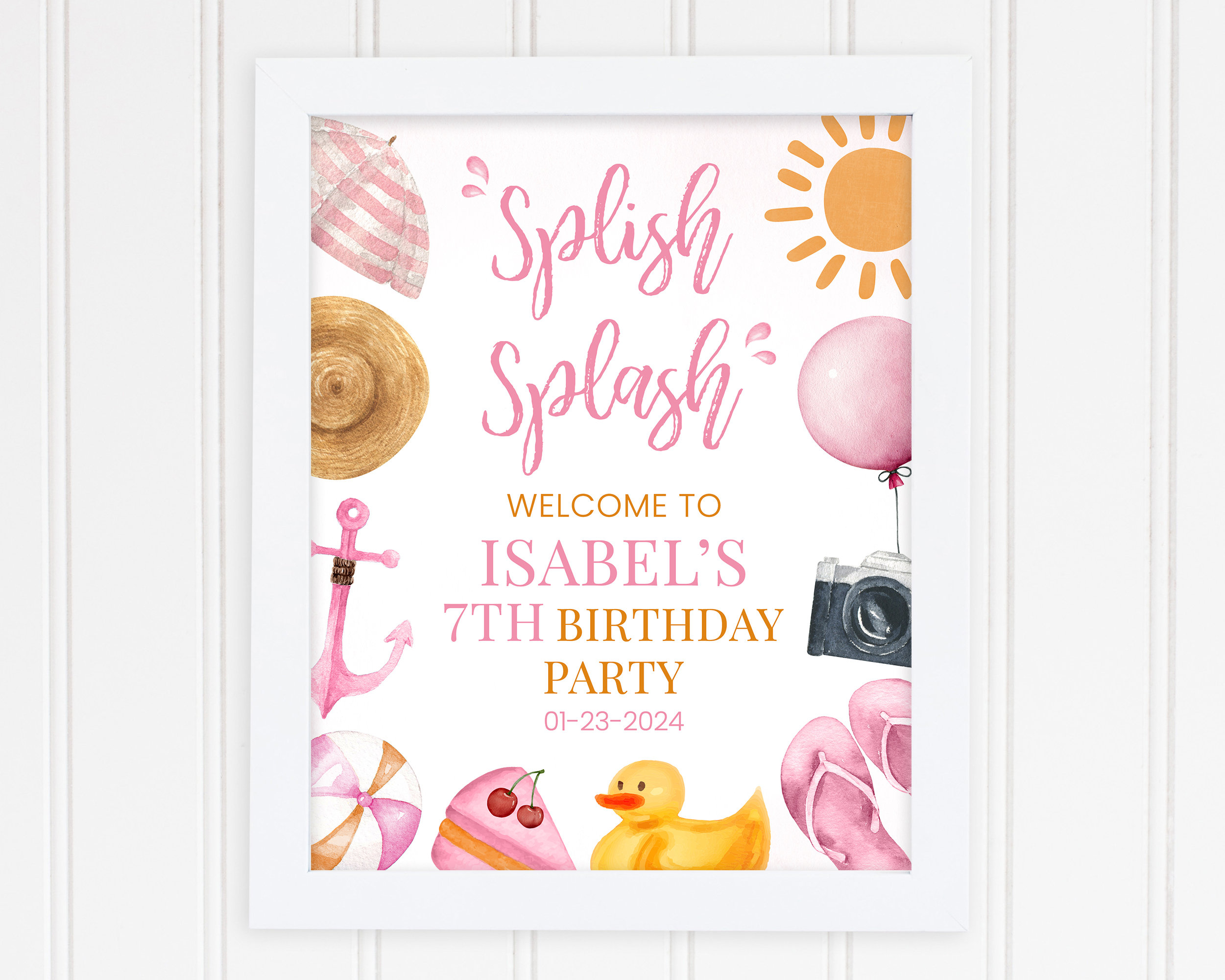 Editable Splish Splash Beach Bash Birthday Welcome Sign, Pink Summer ...
