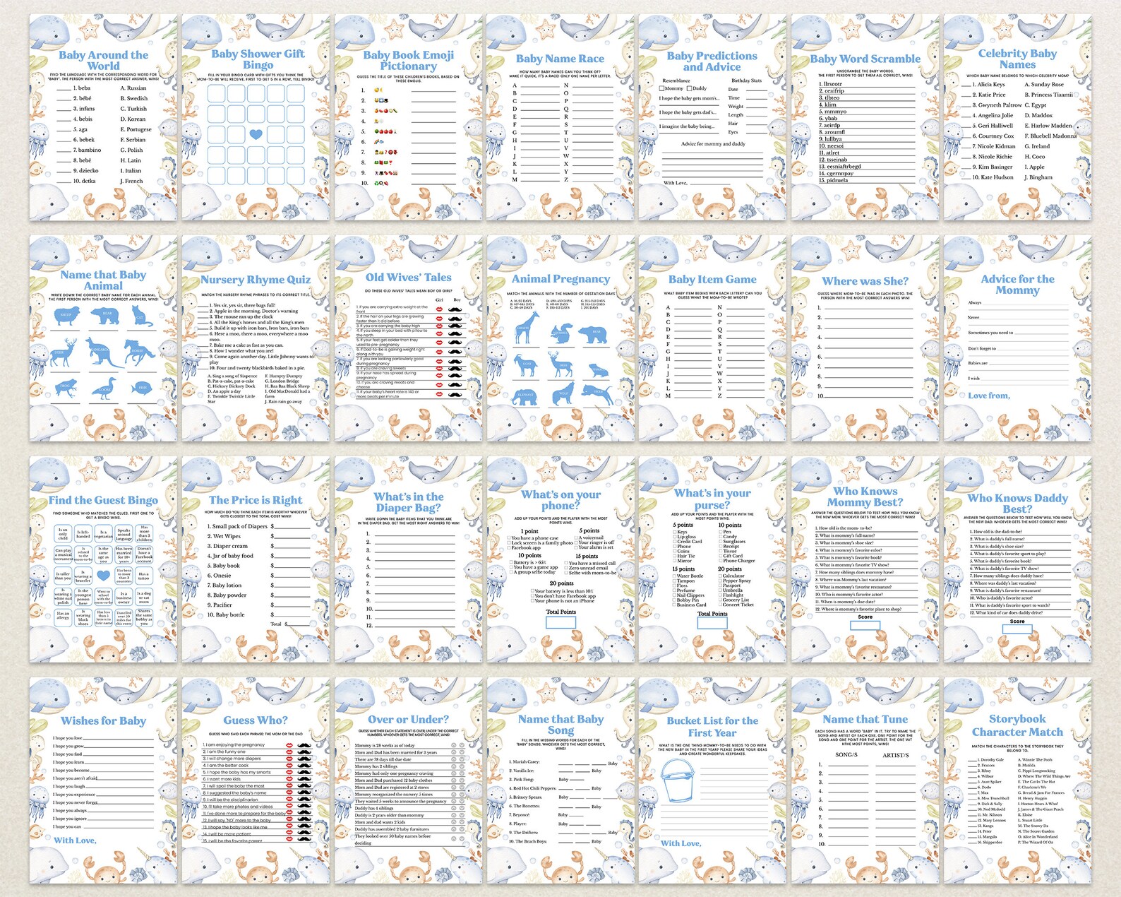 Editable Boy Under the Sea Baby Shower Game Bundle, Ocean Baby Shower ...
