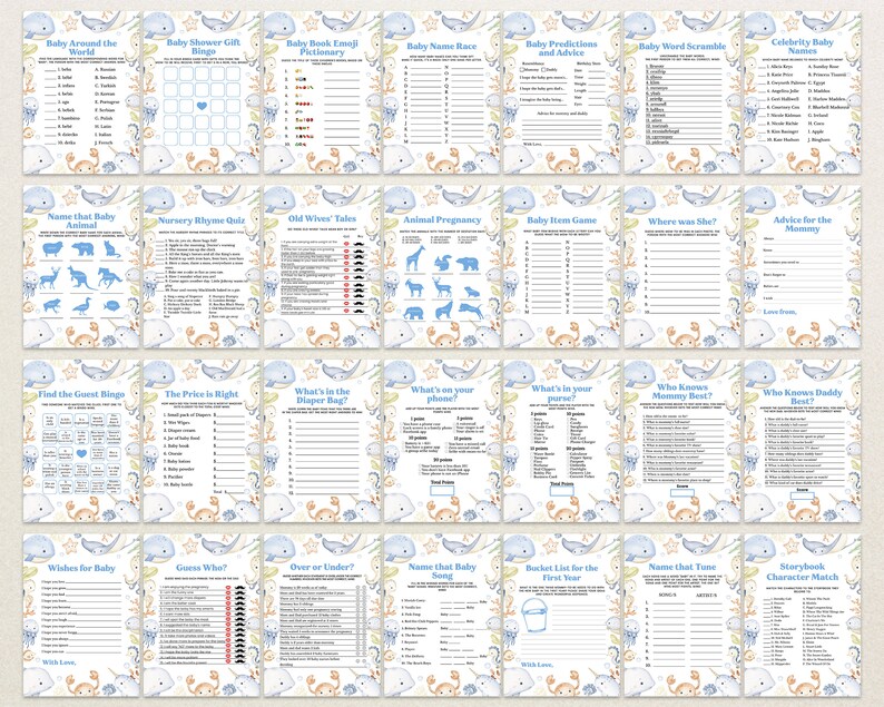 Editable Boy Under the Sea Baby Shower Game Bundle, Ocean Baby Shower ...