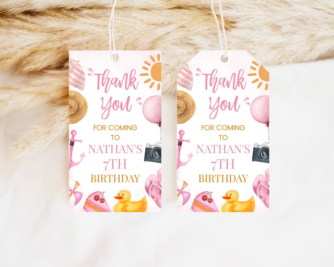 Editable Splish Splash Beach Bash Birthday Favor Tag, Pink Summer ...