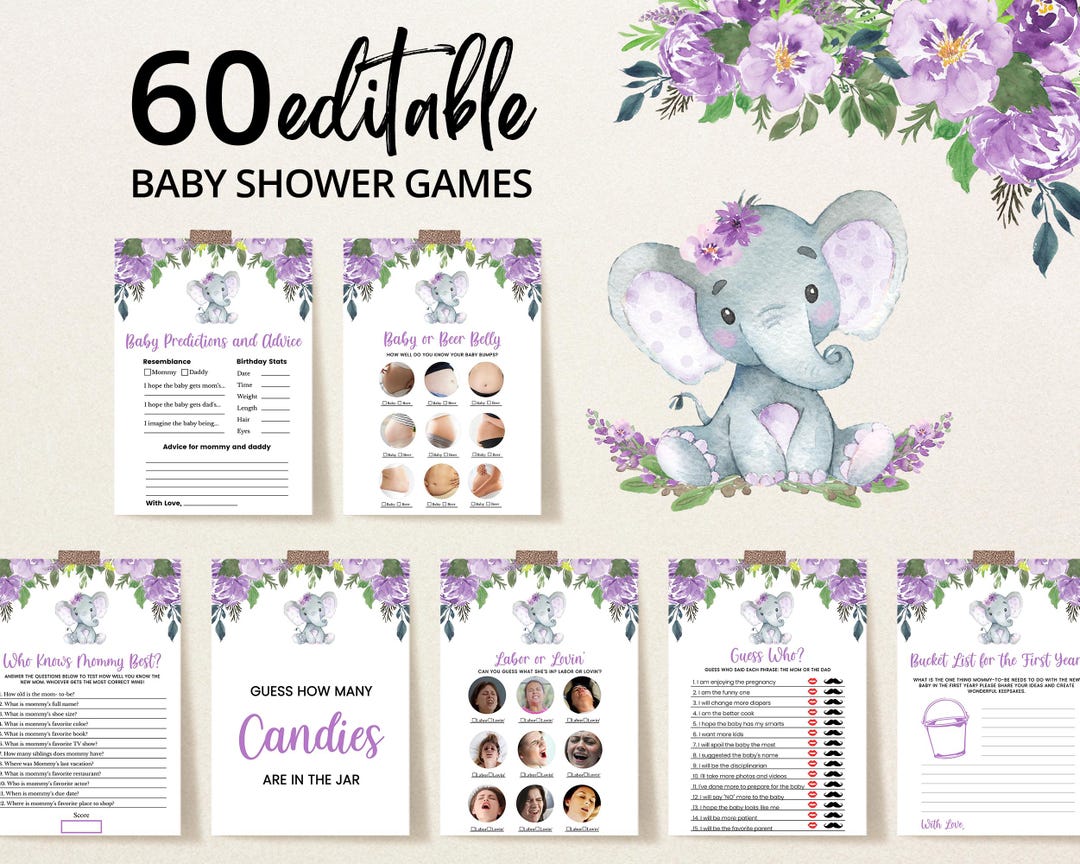 Editable Purple Elephant Baby Shower Game Bundle, Girl Elephant Baby ...