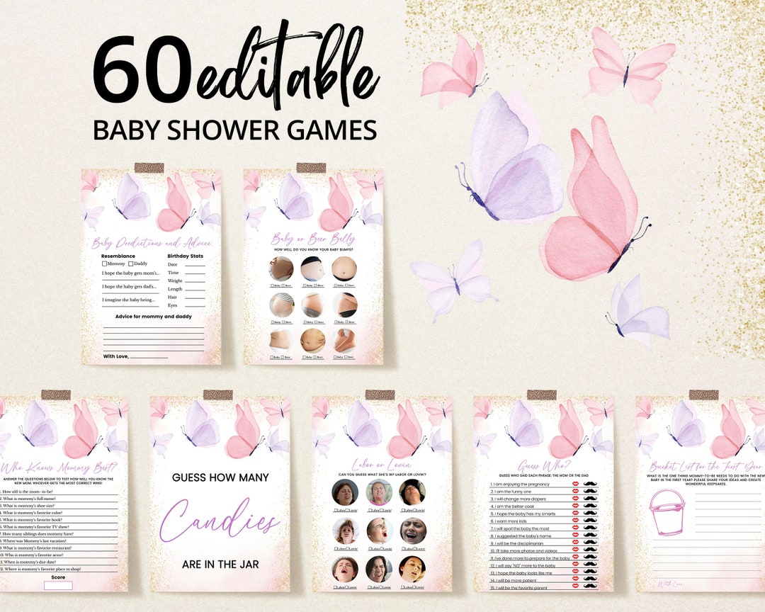 Editable Pink Purple Butterfly Baby Shower Game Bundle, Pastel Girl ...