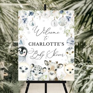 Editable Winter Arctic Animals Baby Shower Welcome Sign, Greenery ...