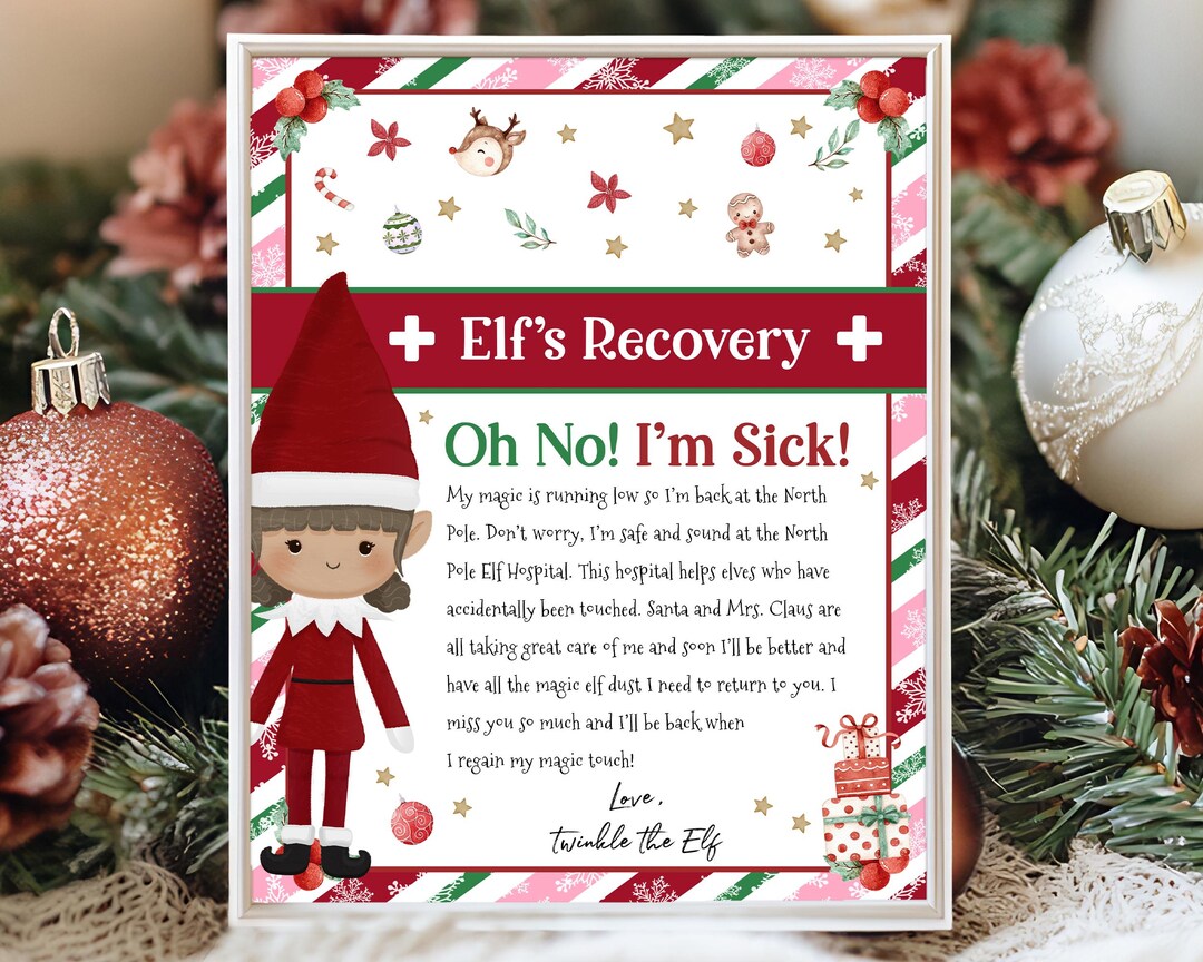 Editable Girl Elf Recovery Sign, Printable Oh No I'm Sick Sign, Girl ...