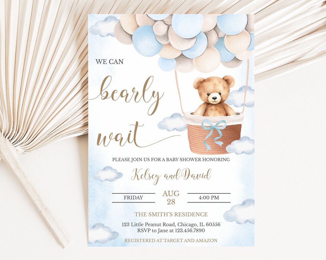 Editable Blue Bear Balloon Baby Shower Invitation, We Can Bearly Wait ...