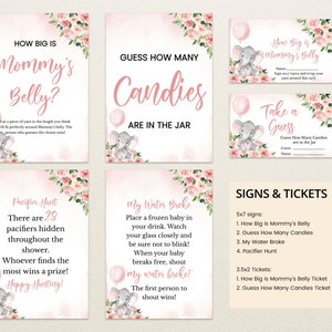 Editable Pink Girl Elephant Baby Shower Game Bundle, Pink Floral ...